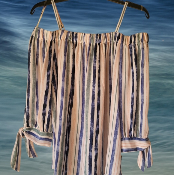 BCX | Tops | Bcx Blue White Asymmetrical Sleeves Off The Shoulder Top ...